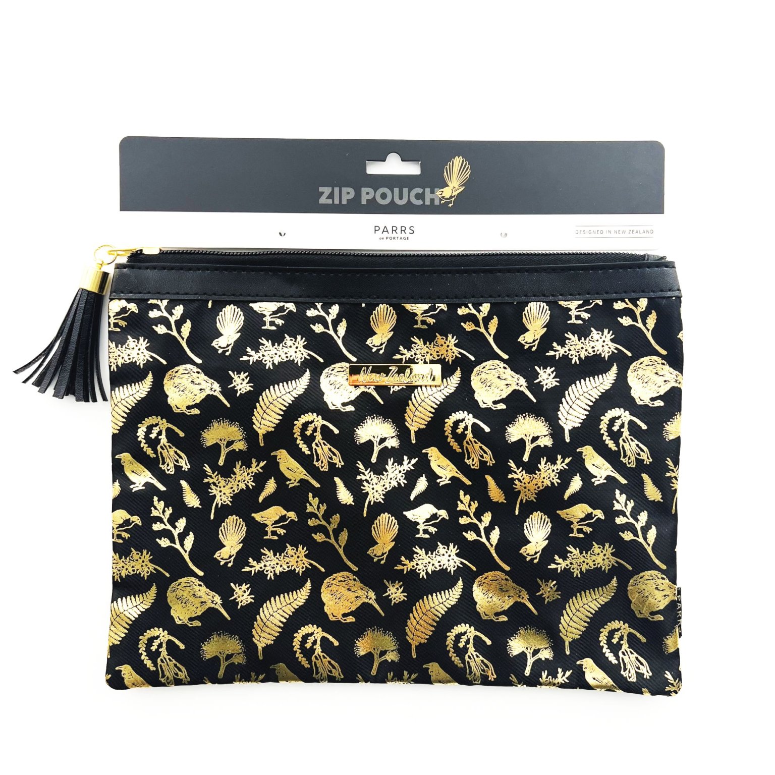 Zip Pouch Black and Gold Birds - Kiwi Shop